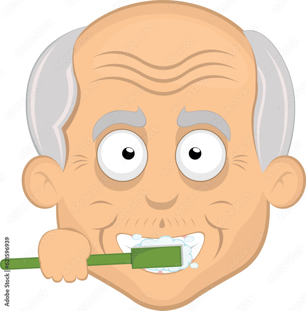 vector illustration face grandfather or old man cartoon brushing teeth ...
