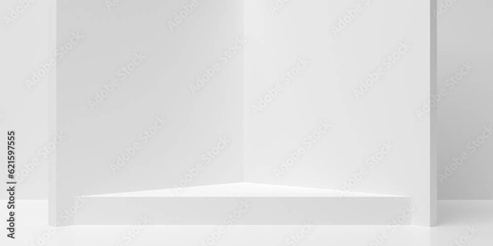 Empty, blank triangle dais or platform in white room background with ...