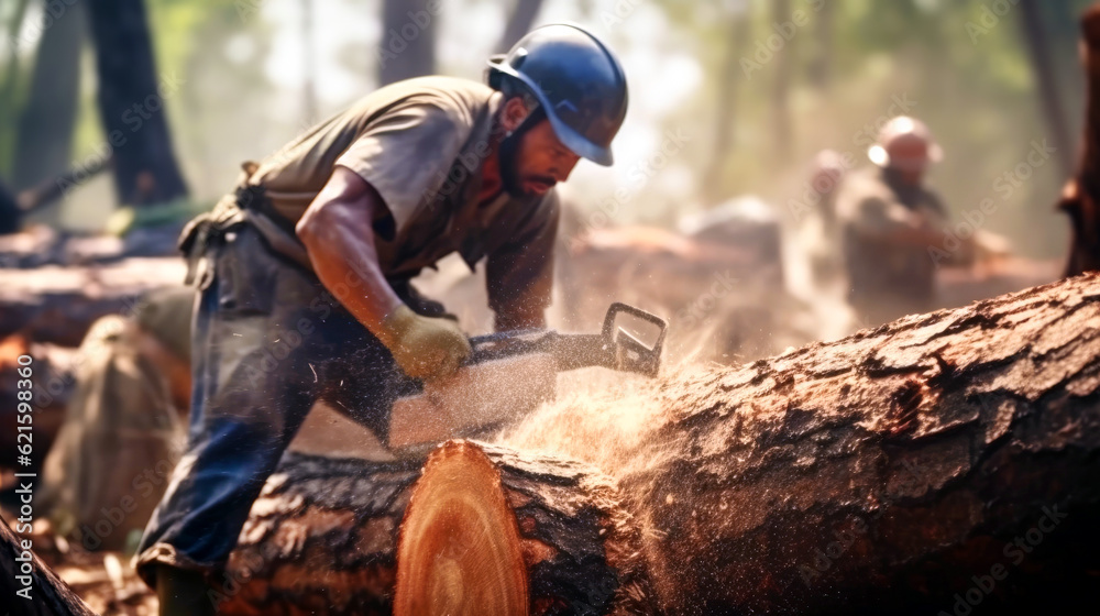 A Loggers cuts a tree trunk with a chainsaw. Felled and sawn logs of ...
