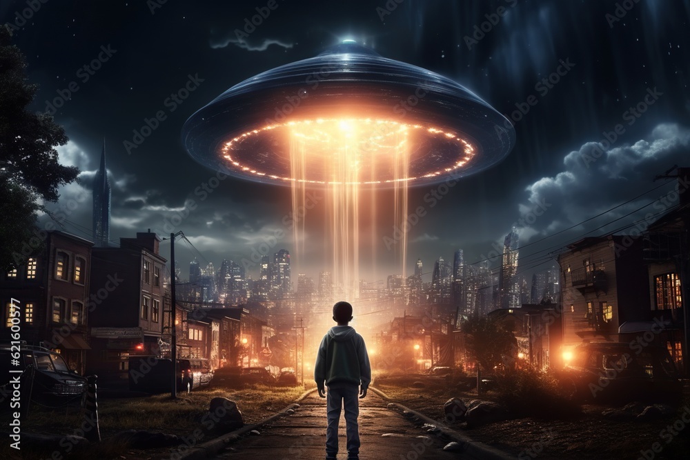 Back view of little boy looking at alien invasion, flying saucer in the ...