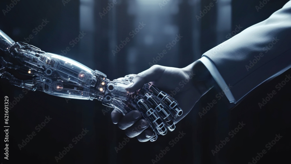 Man shaking hands with robot, showcasing partnership in technology ...