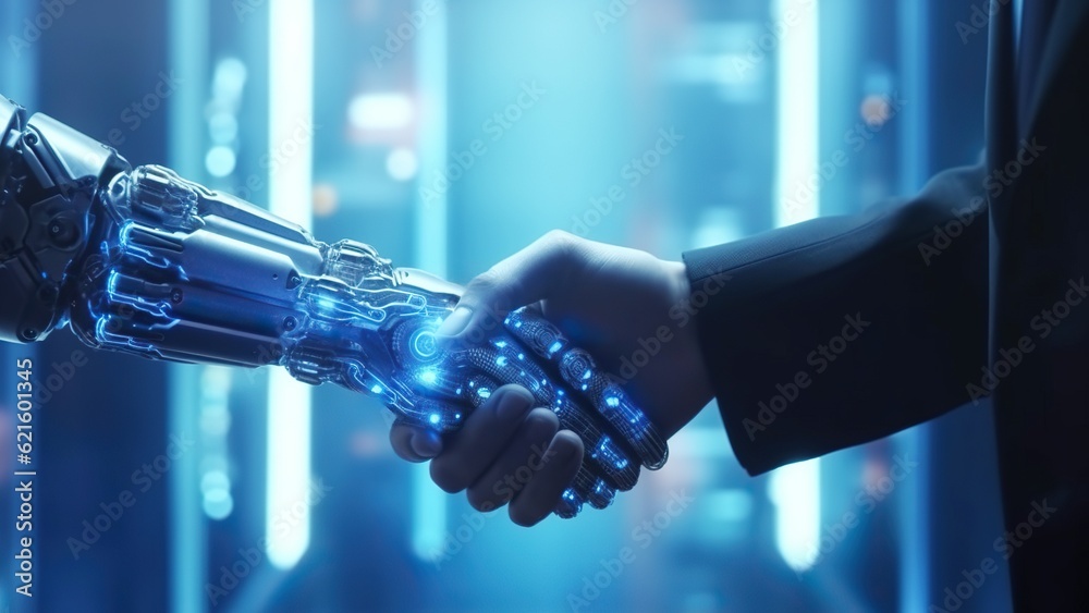Man shaking hands with robot, showcasing partnership in technology ...
