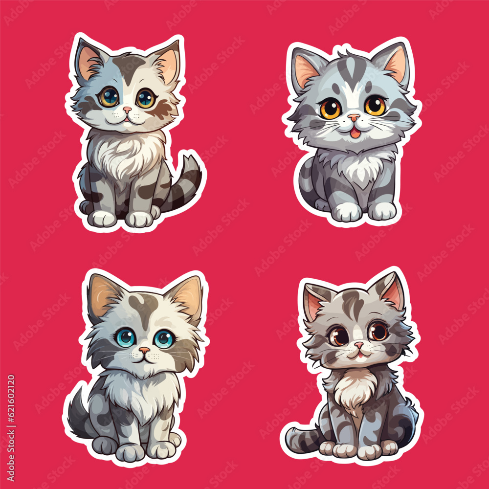Cute baby Cat stickers collection illustration. Pet cartoon stickers ...