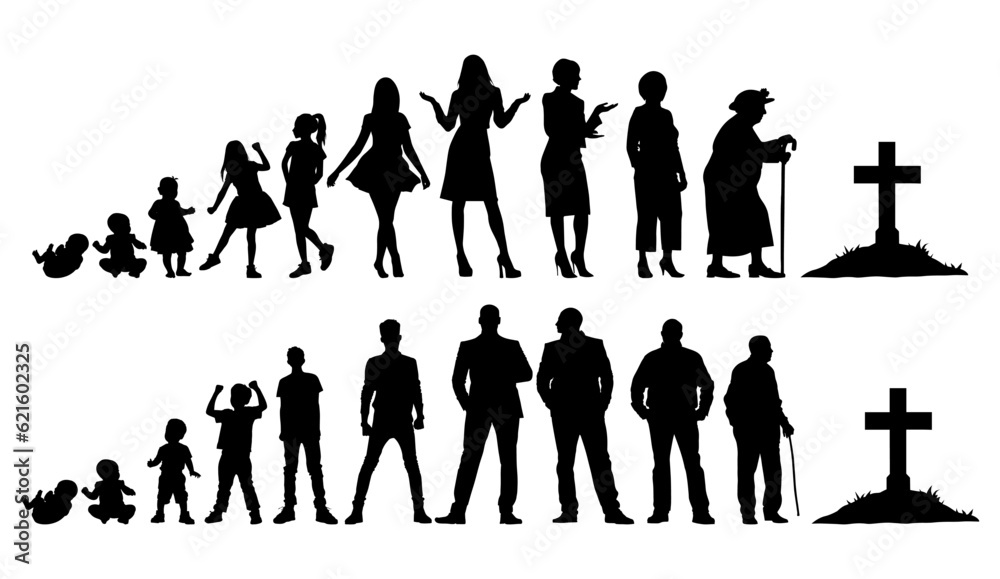 Vector illustration. Silhouette of growing up man from baby to old age ...