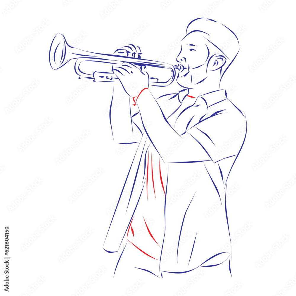Continuous line drawing of a trumpet player as a soloist, isolated on ...