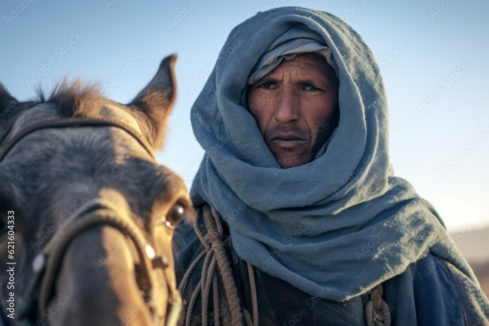 Adult Tuareg man in authentic national blue clothes. Background with ...
