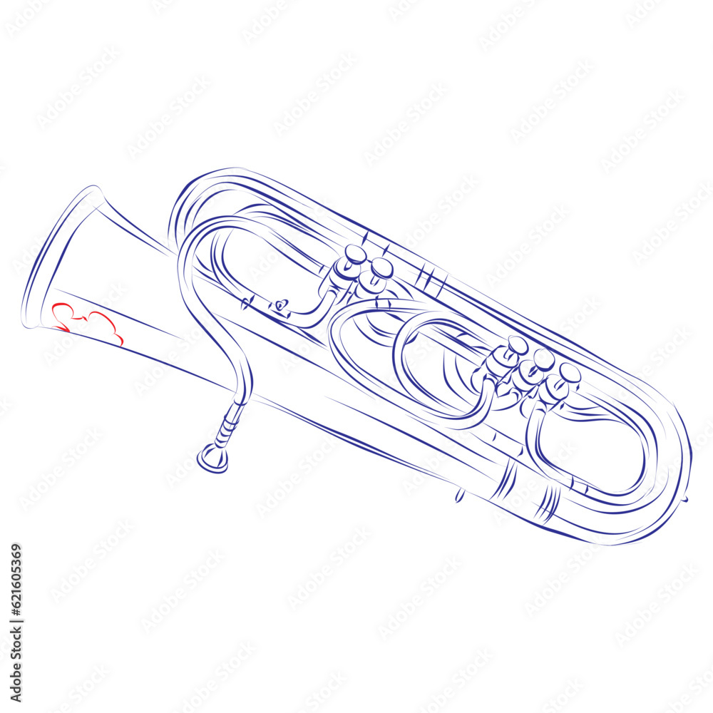 Continuous line drawing of a modern tuba, isolated on white. Hand drawn ...