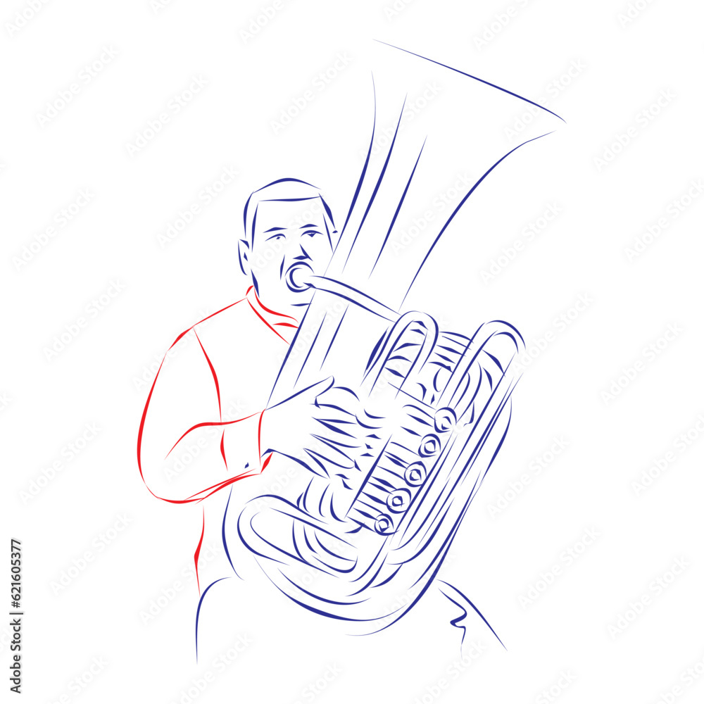 Continuous line drawing of a young man playing a modern tuba, isolated ...