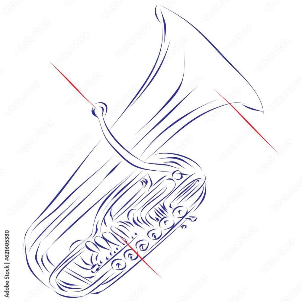 Continuous line drawing of a modern tuba with indicators for component ...