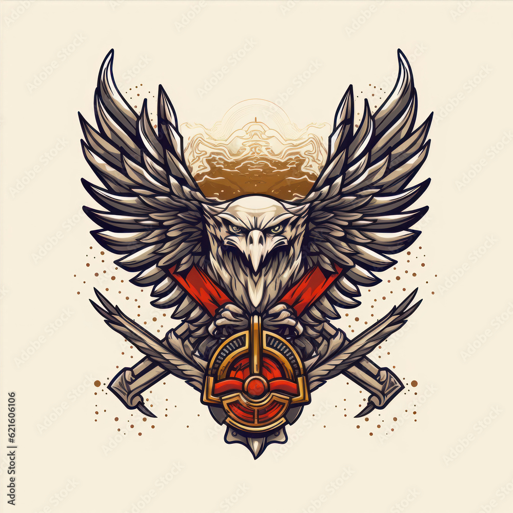 Bald eagle with crossed swords and helmet. Vector illustration in ...