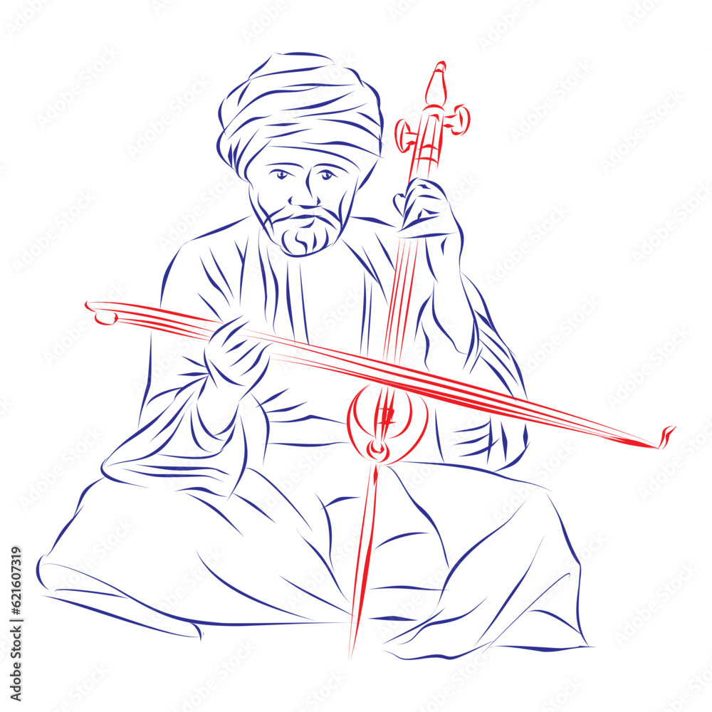 Continuous line drawing of a man playing a rebab, isolated on white ...