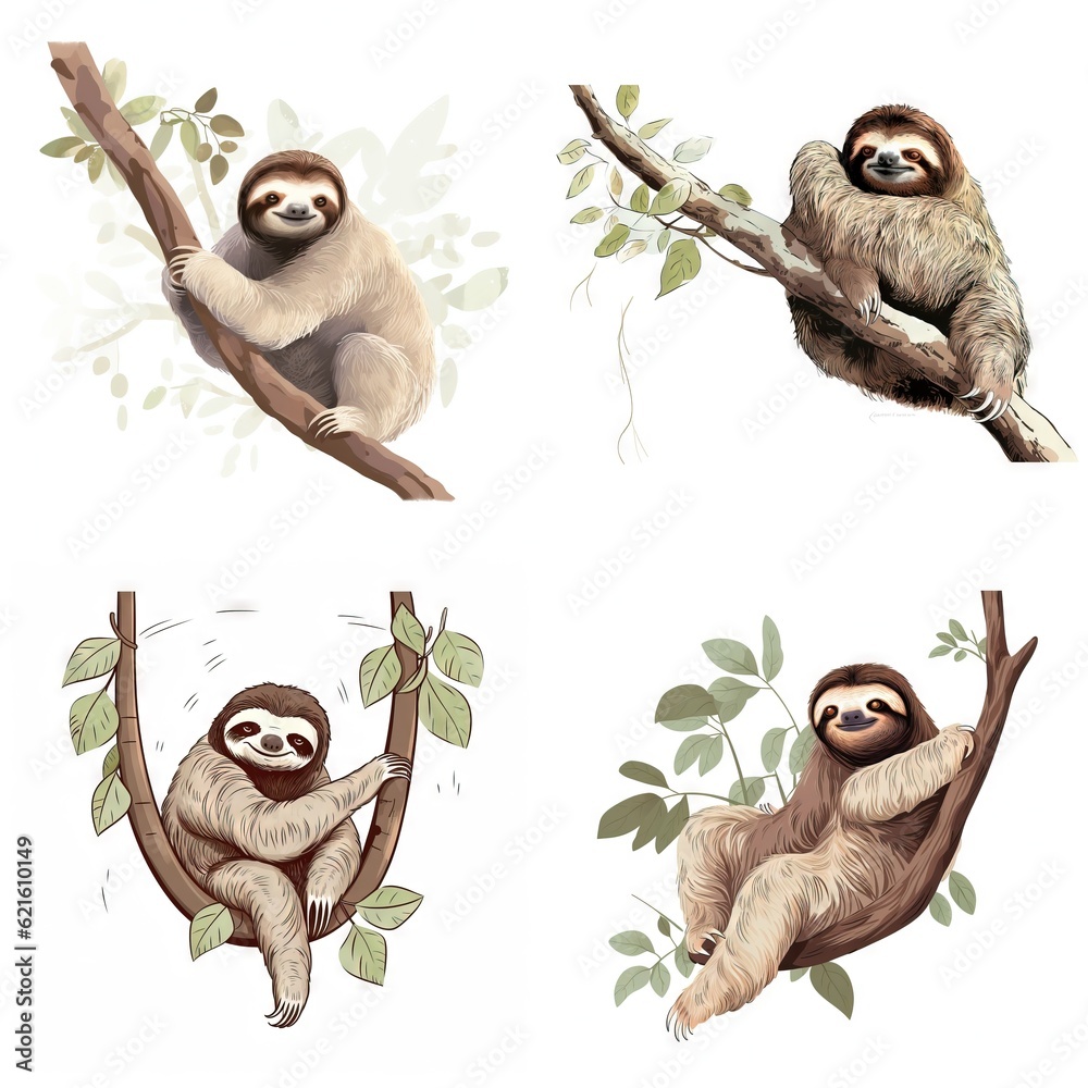 three sloths hanging on a tree branch and one on a branch with a branch ...