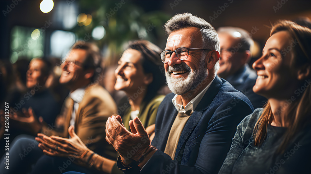 Smiling man with beard and white hair as an audience at a humorous ...