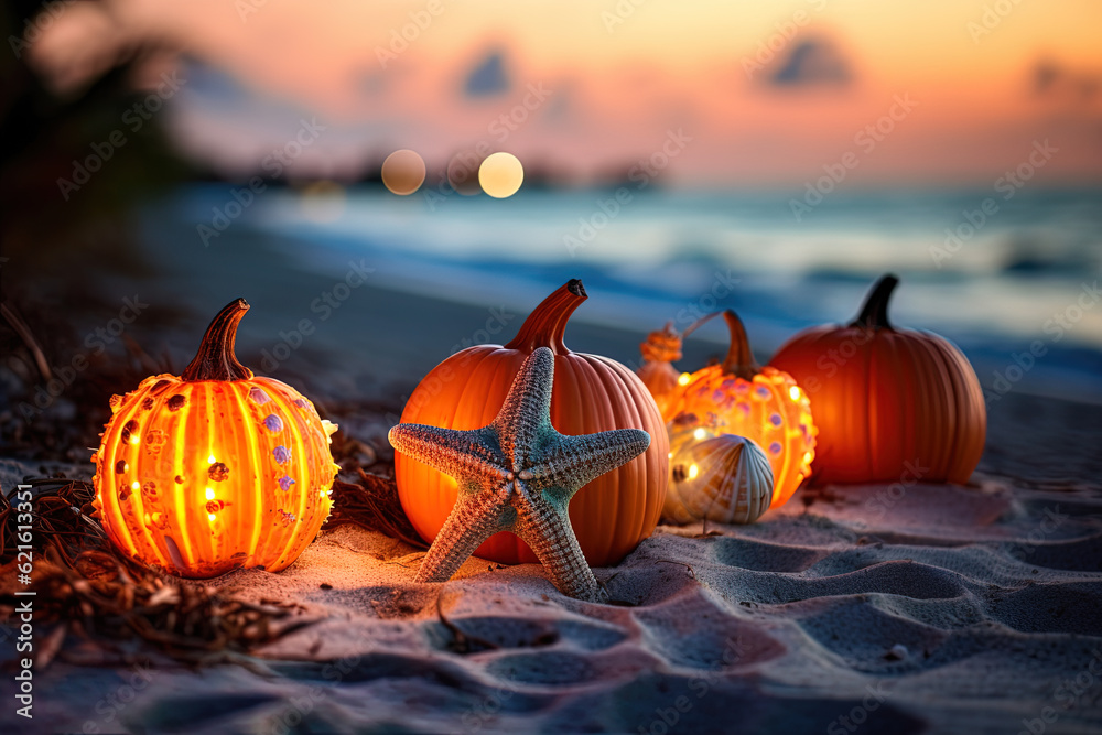 Halloween on a beach. Pumpkins, starfish and seashells on the seashore ...