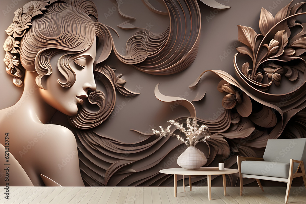 Wall mural of 3d wallpaper with a sculpture of a woman, in front of it ...