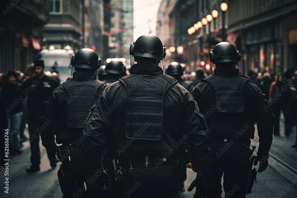 group of police officers donning their uniforms patrolling the city ...