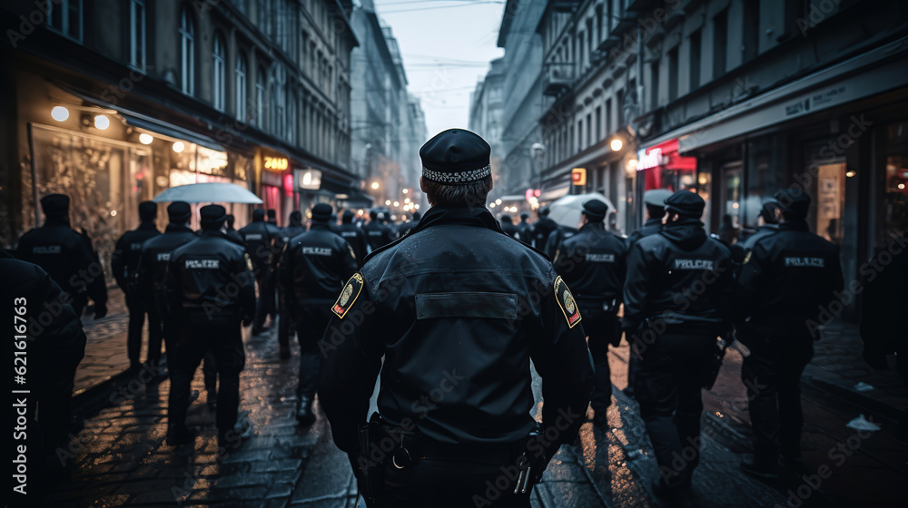 group of police officers donning their uniforms patrolling the city ...