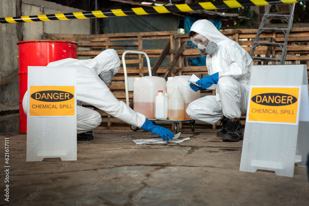 A team of two chemists, wearing PPE suits and gas masks, recover a ...