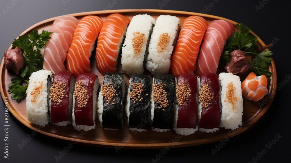 A top-down view of a sushi platter arranged in the shape of a Japanese ...