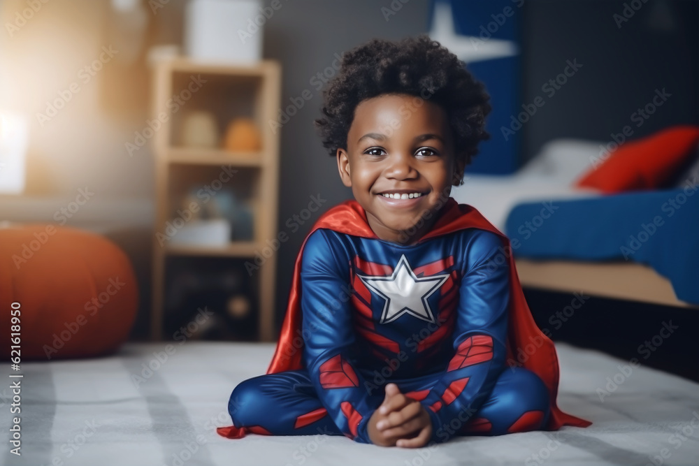 CHILD DRESSED AS A SUPER HERO, SITTING ON THE FLOOR OF HIS ROOM. AI ...