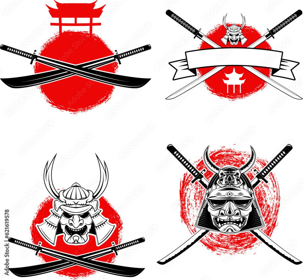 Set of samurai karate school labels. Ninja shurikens. Design elements ...