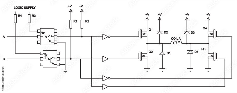 Circuit with electronic components (transistor, resistor, diode, logic ...