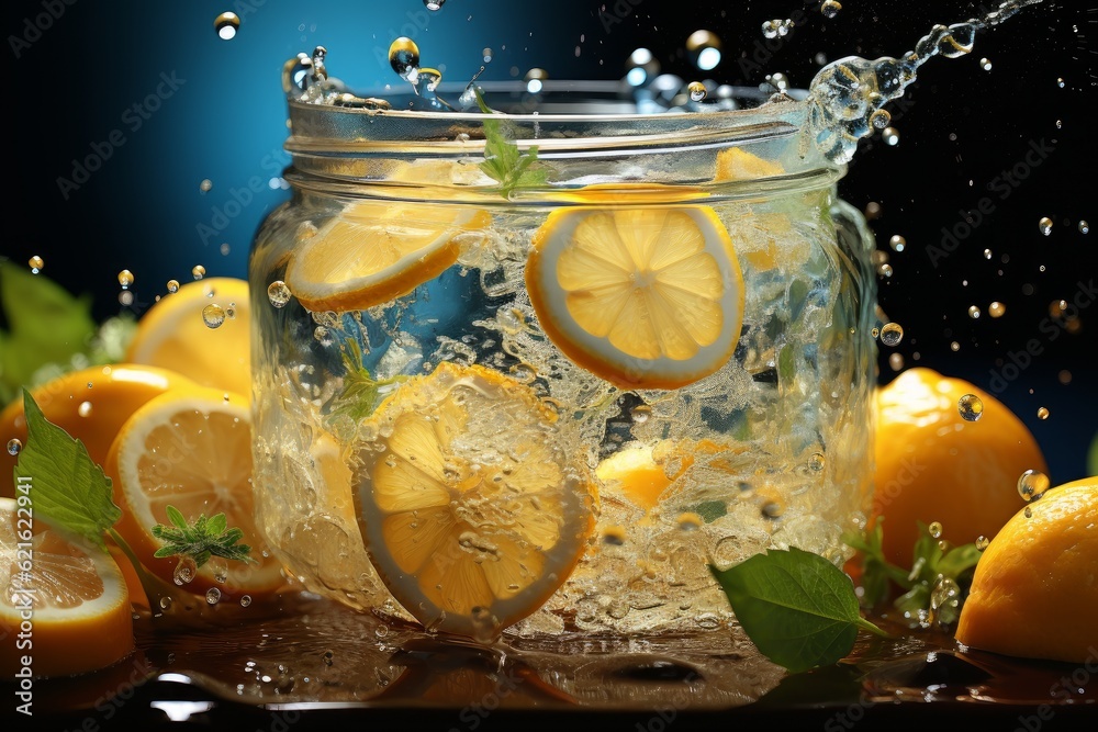 Illustration of a glass jar filled with lemons and water created with ...