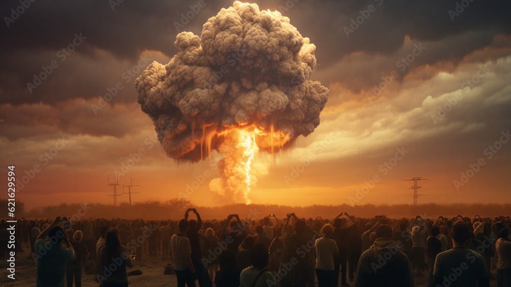 people watching a nuclear explosion with mushroom cloud Stock Photo ...