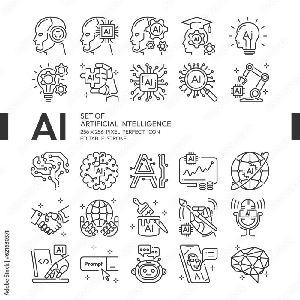 AI Artificial intelligence line icon set with cybernetic, machine ...