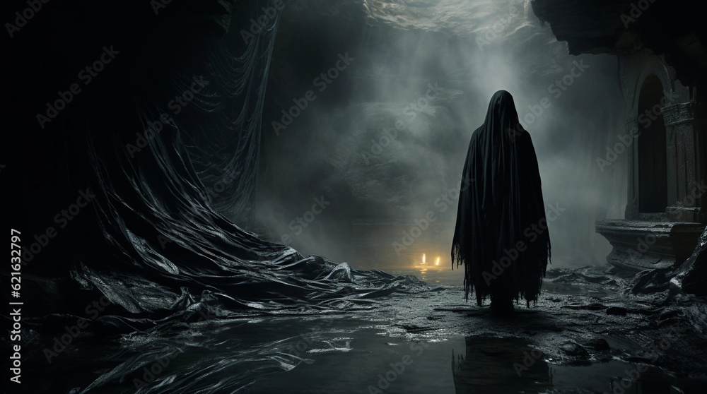 A Mysterious Figure Wearing a Black Robe in a Dimly Lit Cavern ...