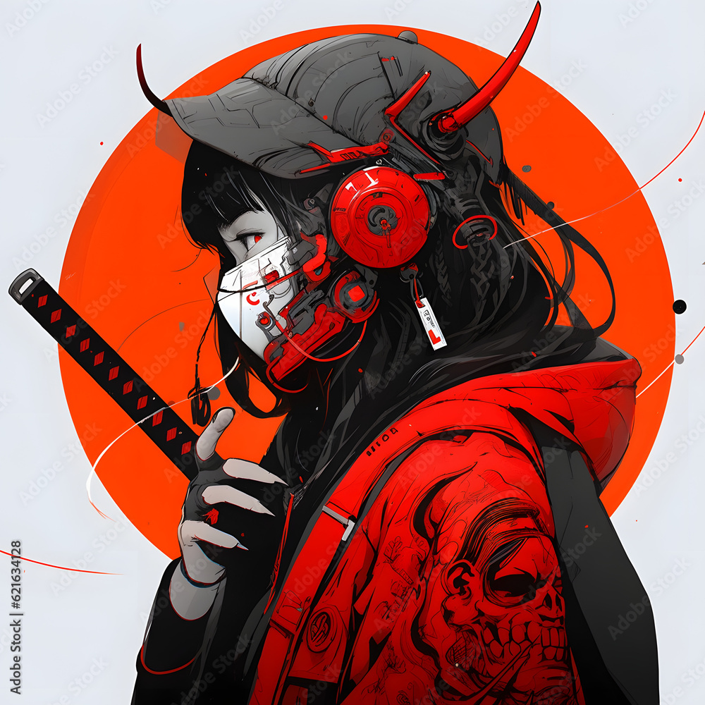 Japanese girl with red mask and a sword samurai style woman streetwear ...