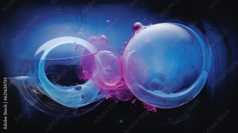 a blue and pink object is floating in the air with a black background ...