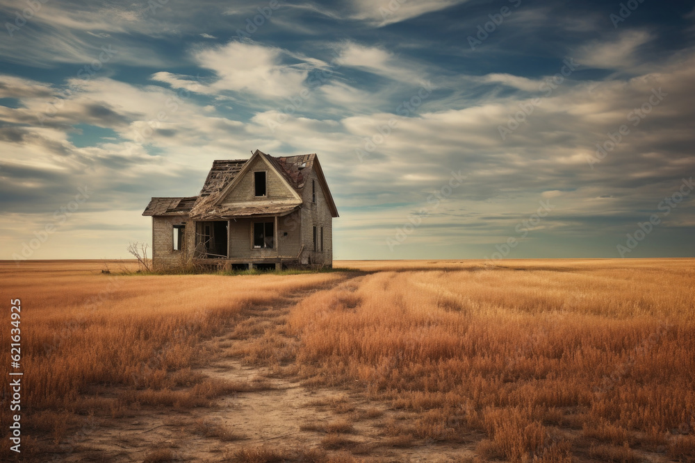 Abandoned house in field at twilight. Creepy old house. Uninhabitable ...