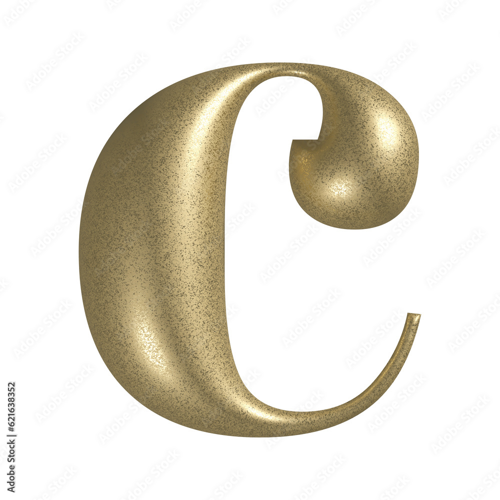 3D letter C in realistic gold texture. Metal, inflate, lower case c ...