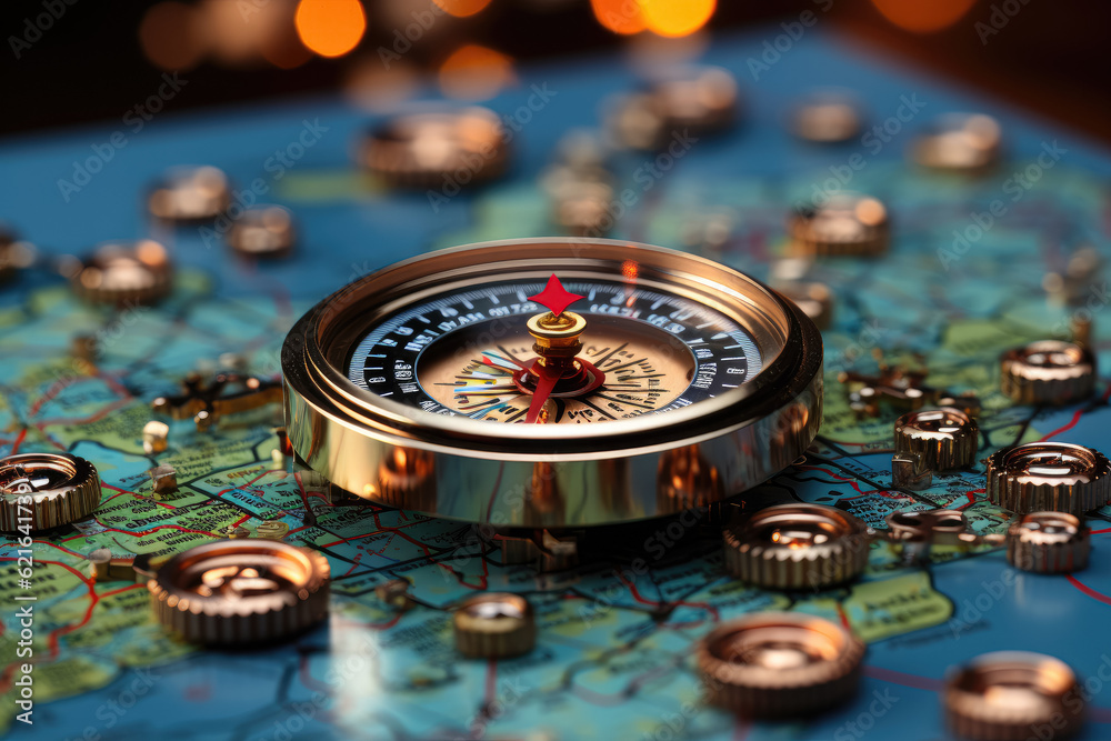 Magnetic compass and location marking with a pin on routes displayed on ...