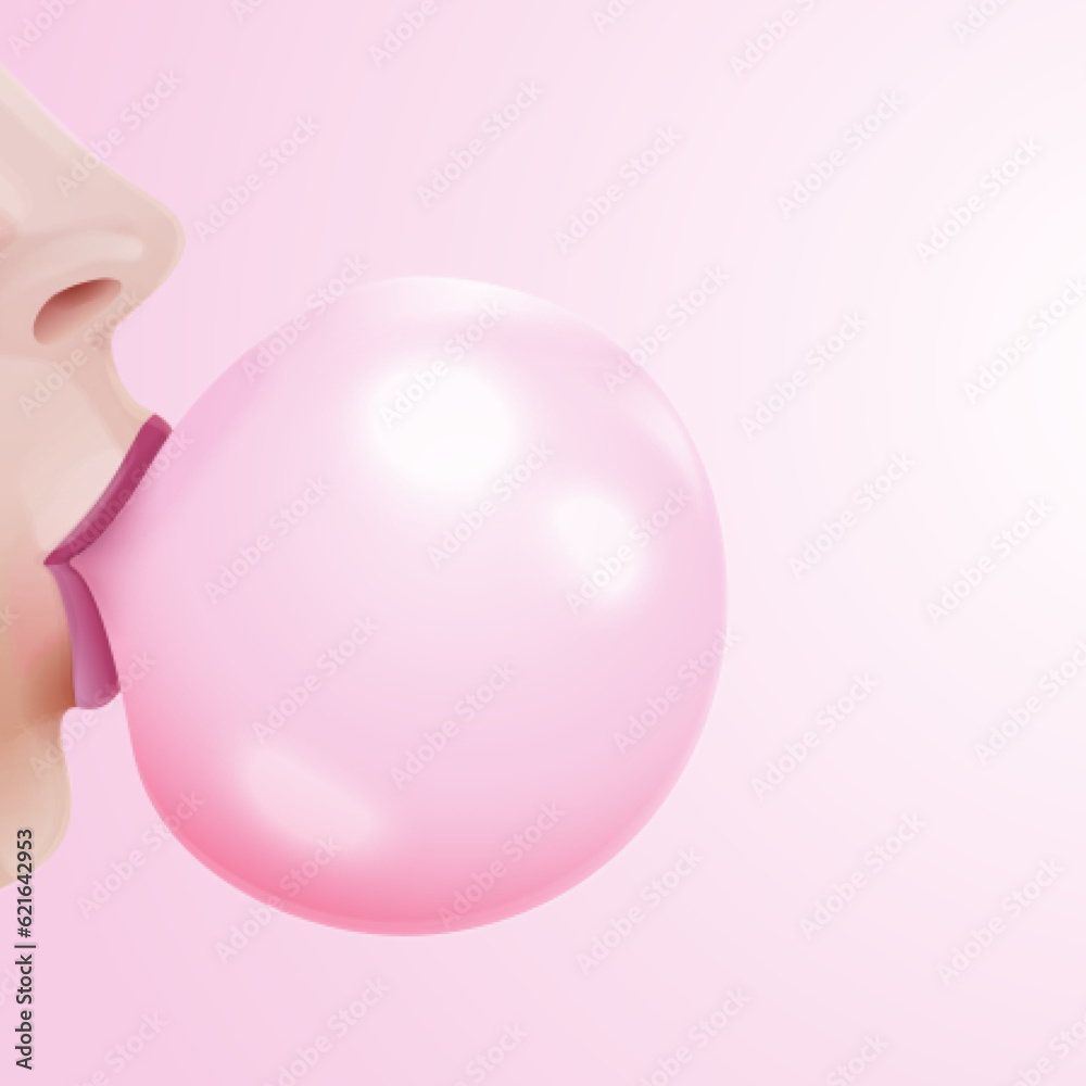 Girl blowing gum. Realistic woman mouth blow bubble gums, chewing lips and pink bubblegum ...