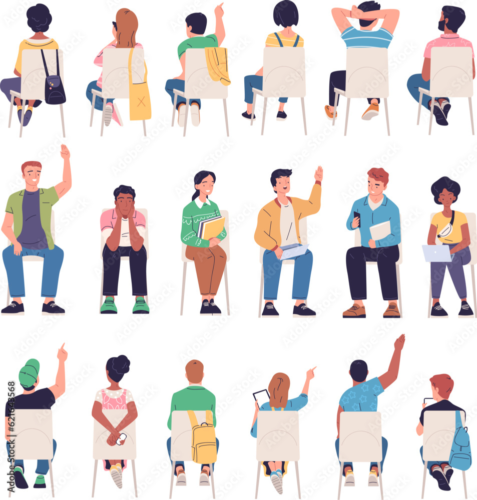 Sitting students back view. People sit on chairs rear and front side ...