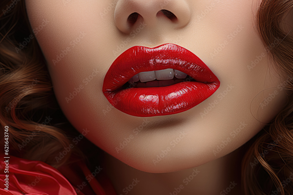 Zoom in on the captivating sight of vivid red lips, capturing attention ...