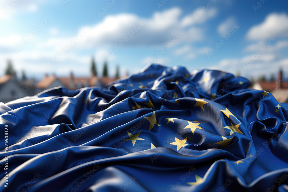 Flags representing the European Union flutter harmoniously on a clear ...