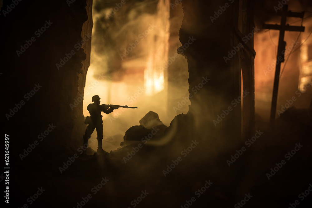 War Concept. Battle scene on war fog sky background, Fighting ...