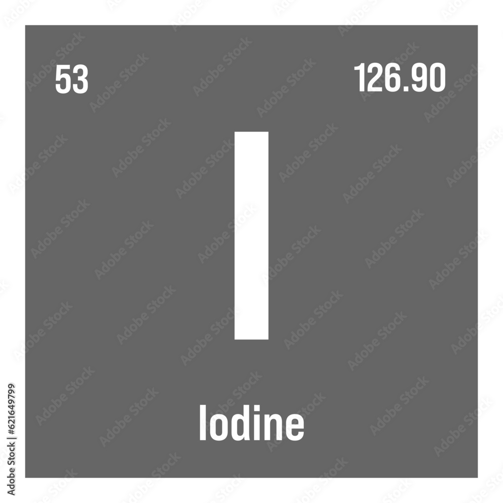Iodine, I, periodic table element with name, symbol, atomic number and ...