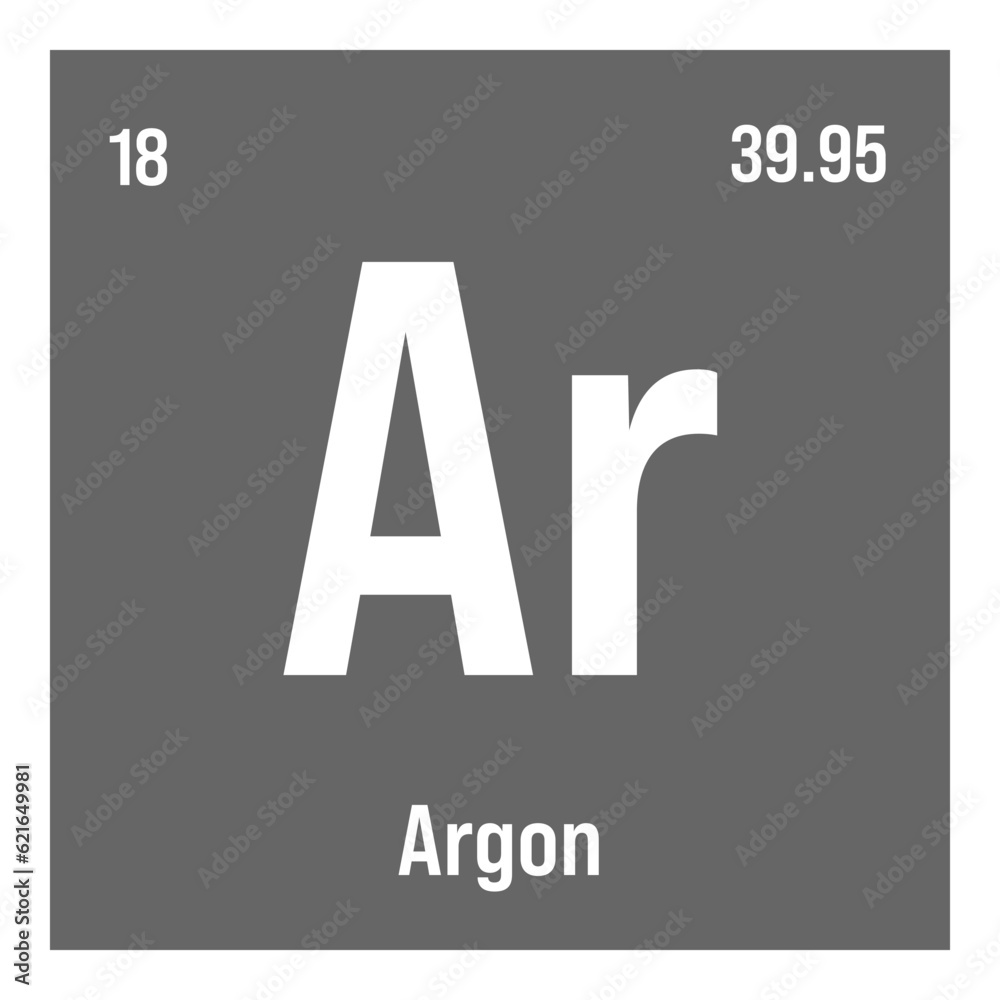 Argon, Ar, periodic table element with name, symbol, atomic number and ...