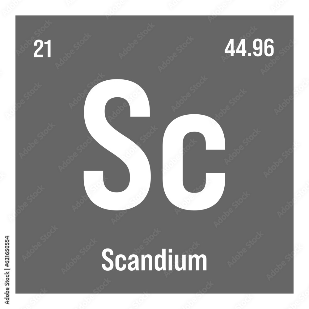 Scandium, Sc, periodic table element with name, symbol, atomic number ...