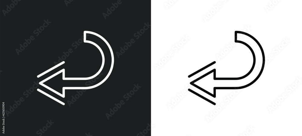left curve arrow outline icon in white and black colors. left curve arrow flat vector icon from ...