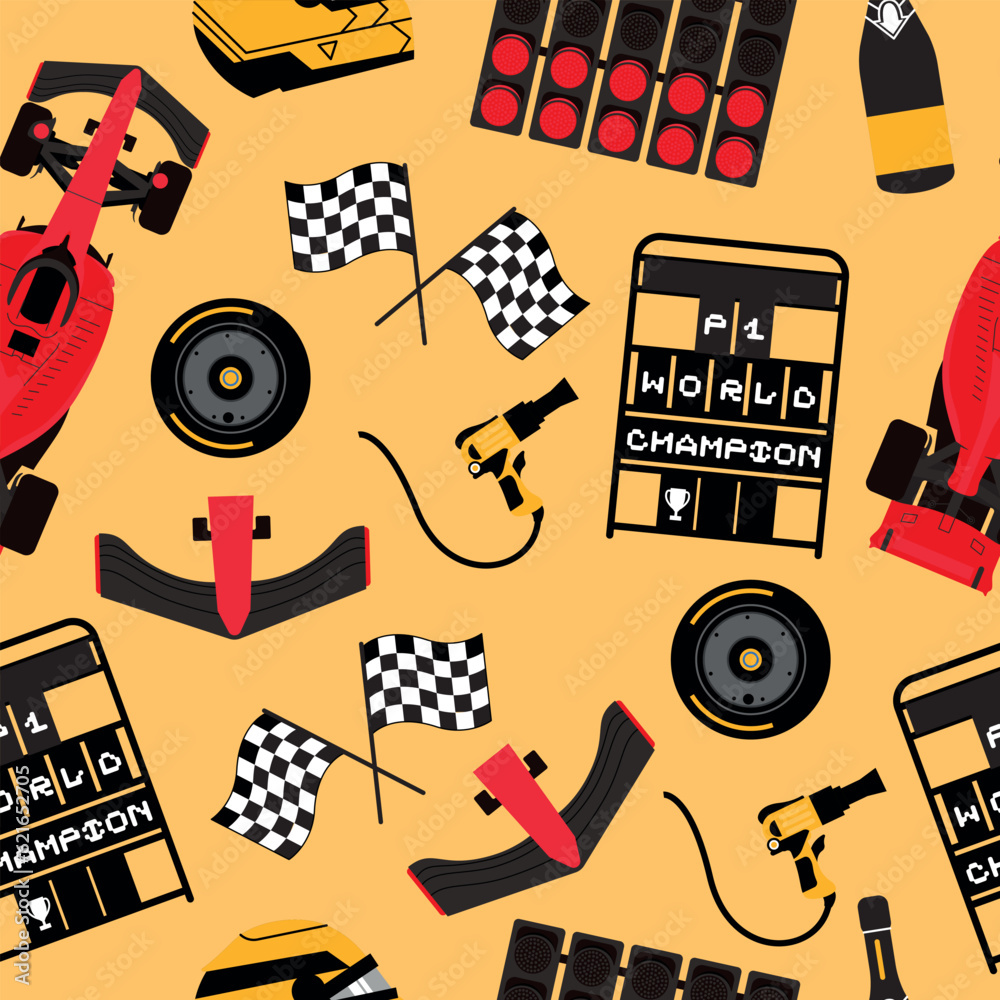 Formula 1 seamless pattern. Types of tire, car, helmet, pit stop ...