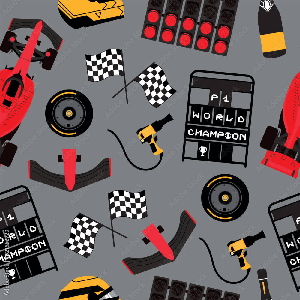 Formula 1 seamless pattern. Types of tire, car, helmet, pit stop ...