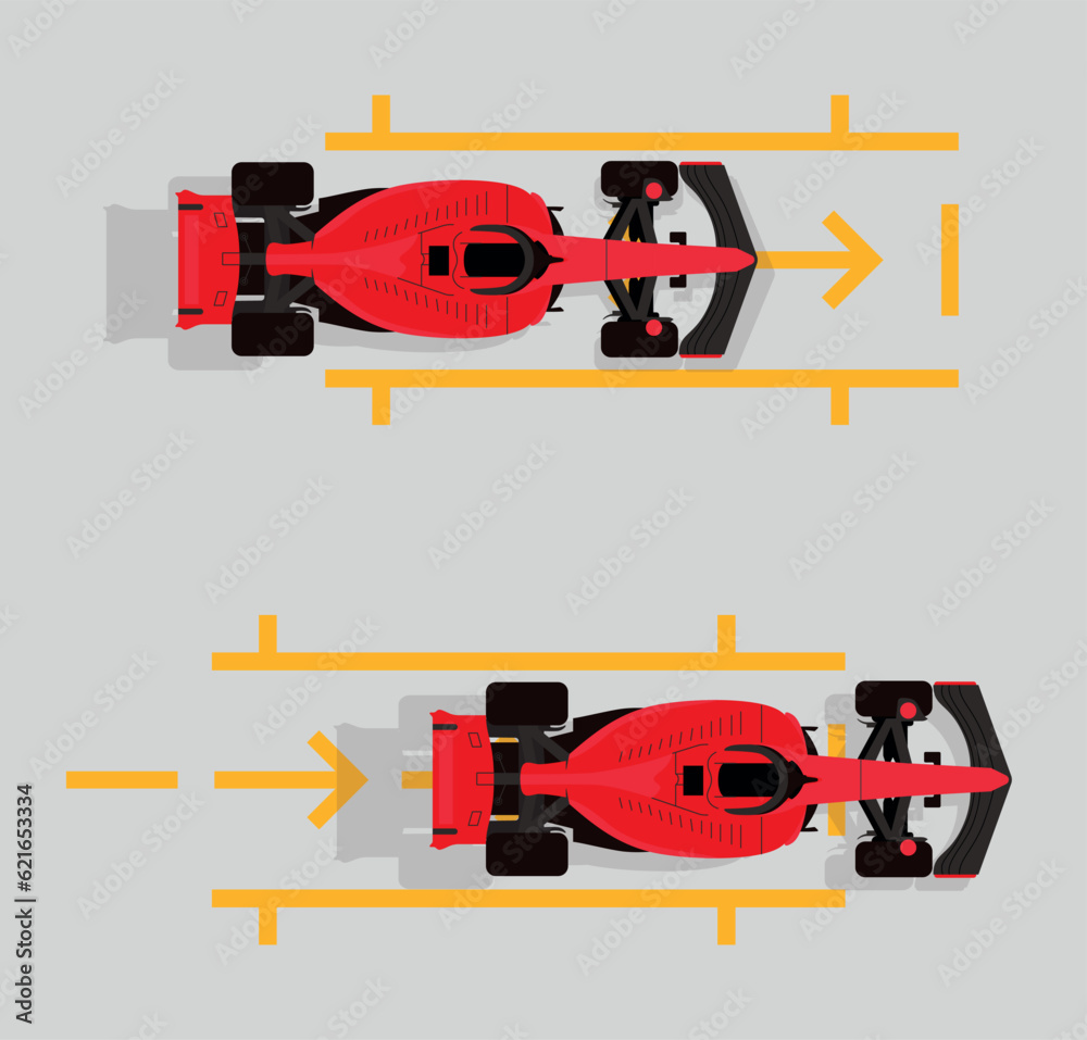 Red formula car on pit stop. F1 landscape. Speed racing tournament ...