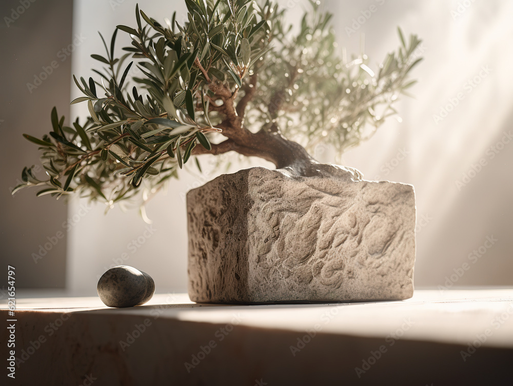 Stone textured with small olive tree branches. A plant growing on a ...