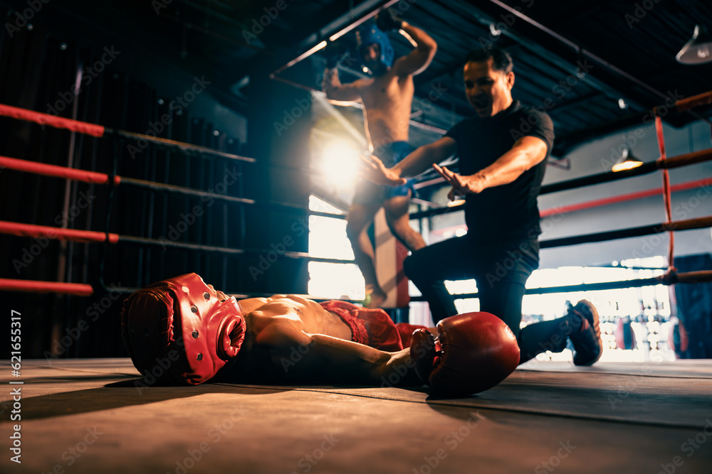 Boxing referee intervene, halting the fight to check fallen competitor ...