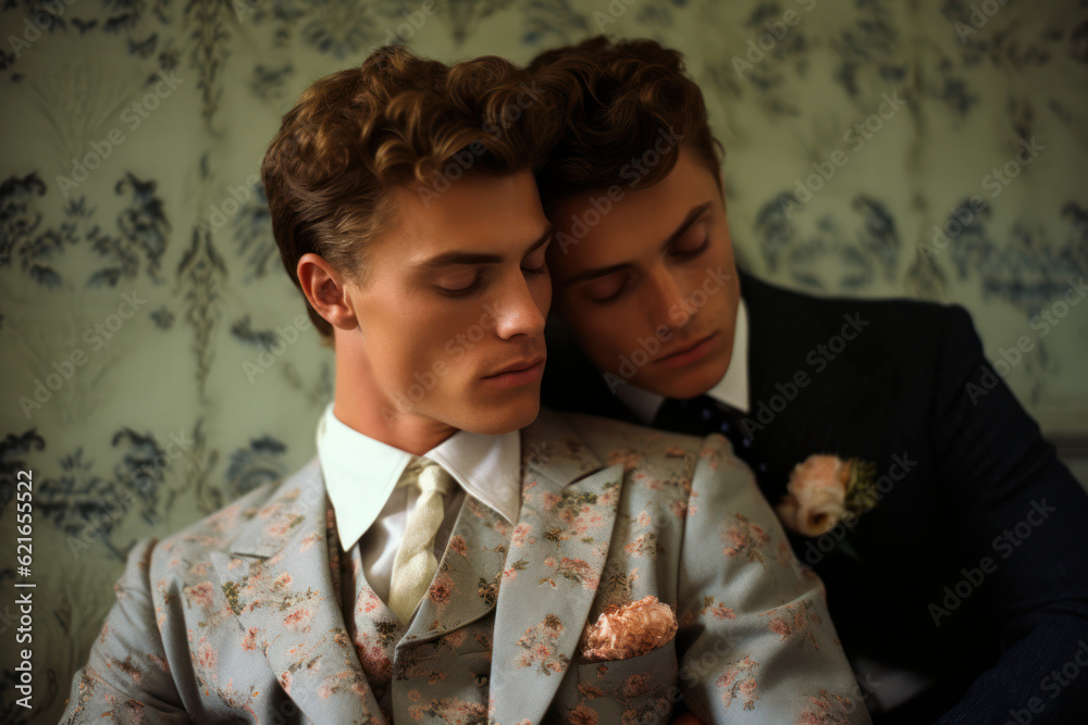 two male friends/models/lgbtq+ couple standing in floral nature setting ...